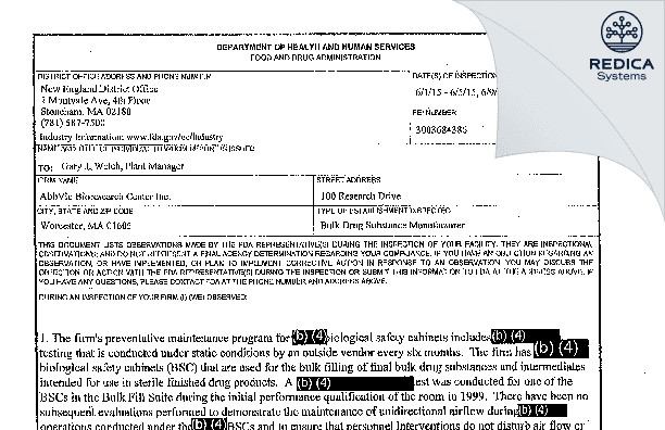 AbbVie Bioresearch Center [Worcester / United States of America] - FDA 483s