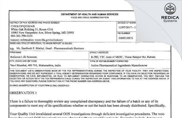 Reliance Life Sciences Private Limited [Navi Mumbai / India] - FDA 483s