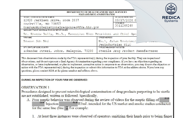 BIOCON SDN.BHD. [Iskandar Puteri / Malaysia] - FDA 483s