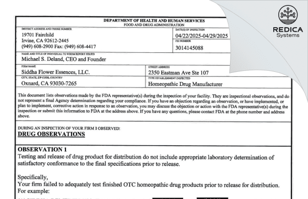 SIDDHA FLOWER ESSENCES [Oxnard / United States of America] - FDA 483s