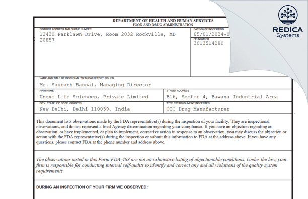 Unexo Life Sciences Private Ltd. [New Delhi / India] - FDA 483s
