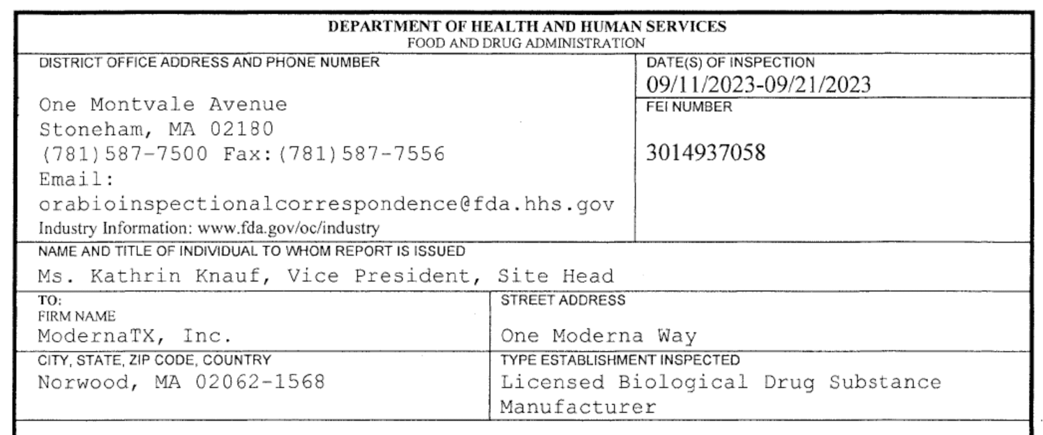 FDA Form 483 Issued to Moderna - FDA 483s